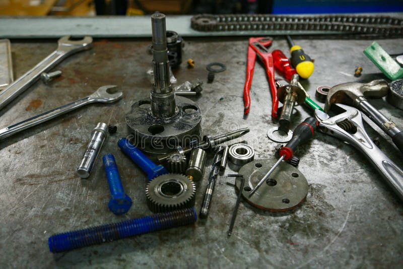 Tools on Table in Workshop or the Garage for Repair the Machine with ...