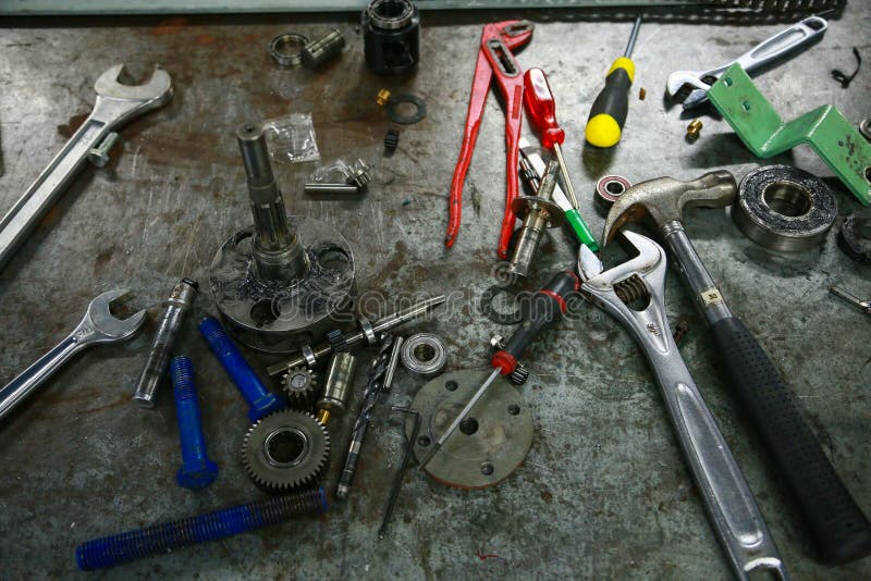 Tools on Table in Workshop or the Garage for Repair the Machine with ...