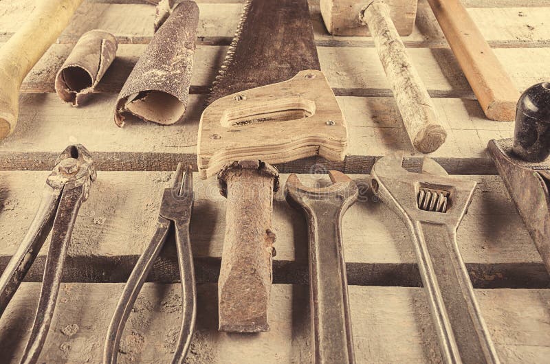 Tools. Tool Set on Wooden Background. Tool Kit Ready To Work. Stock ...