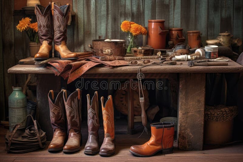 Tools Used in Crafting Cowboy Boots on Workbench Stock Illustration ...