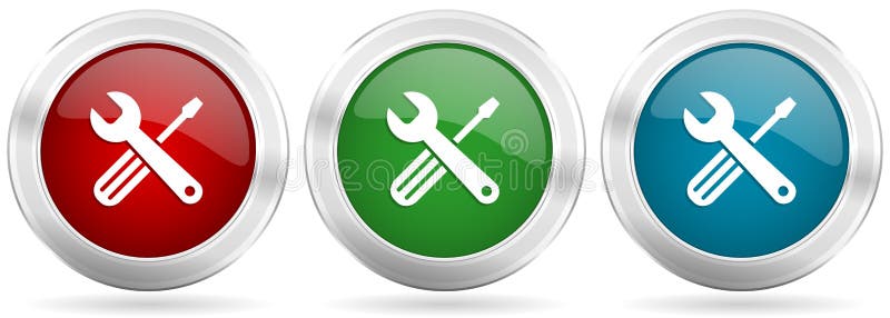 Tools Vector Icon Set. Red, Blue and Green Silver Metallic Web Buttons ...