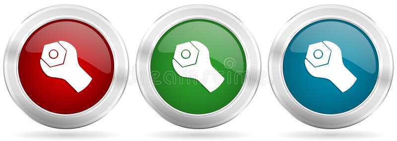 Tools Vector Icon Set. Red, Blue and Green Silver Metallic Web Buttons ...
