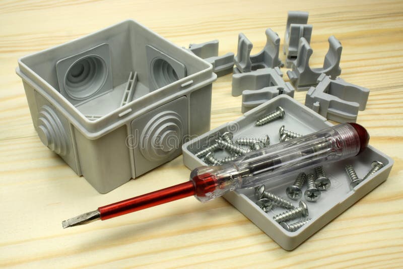 Tools for Wiring on a Wooden Table Stock Photo - Image of hardhat ...