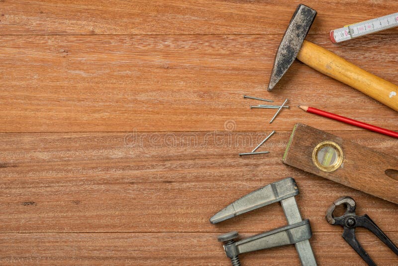 Woodworking Tools on a Wooden Background with Copy Space Stock Image ...