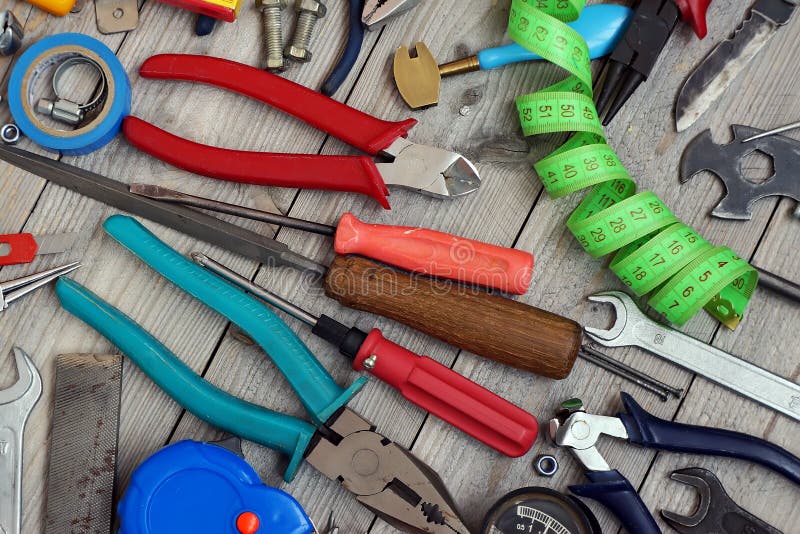 Tools on a Wooden Floor, Top View. Stock Photo - Image of deck, drill ...