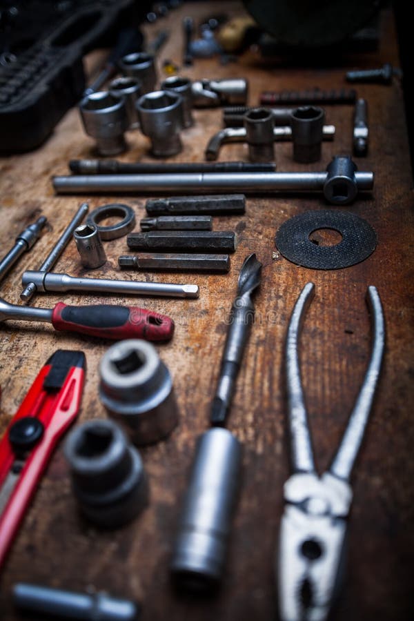 Tools on wooden plank stock photo. Image of carpentry - 69927422
