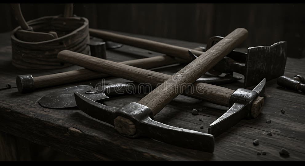 Tools on Wooden Table Including Axes, Hammer, and Pickaxes in Workshop ...