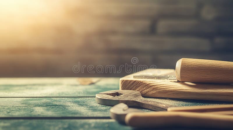Tools on Workshop Table, Brick Wall Background, DIY Project Stock Image ...