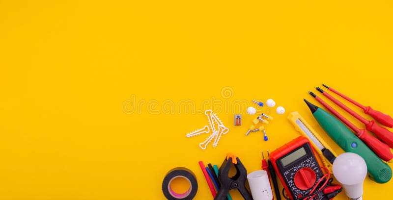 Tools on a Yellow Background Screwdriver, Tester, Tracker Stock Image ...