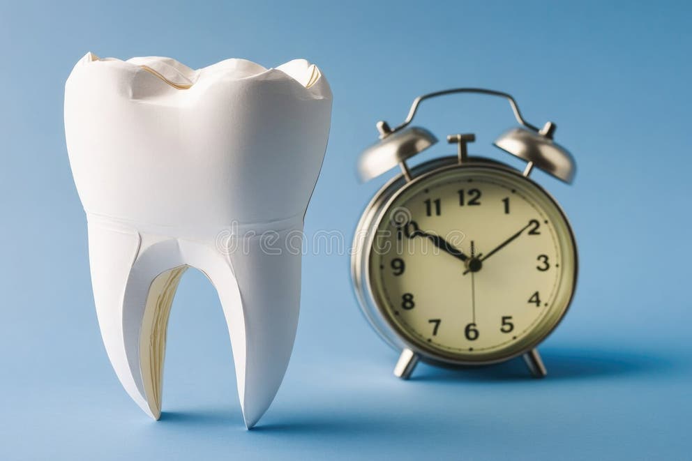 A Tooth and an Alarm Clock Sit on a Bright Blue Background Stock Image ...