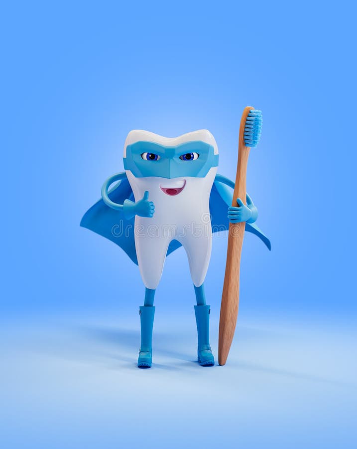 Tooth As Super Hero with Wooden Toothbrush. Render 3d Stock ...