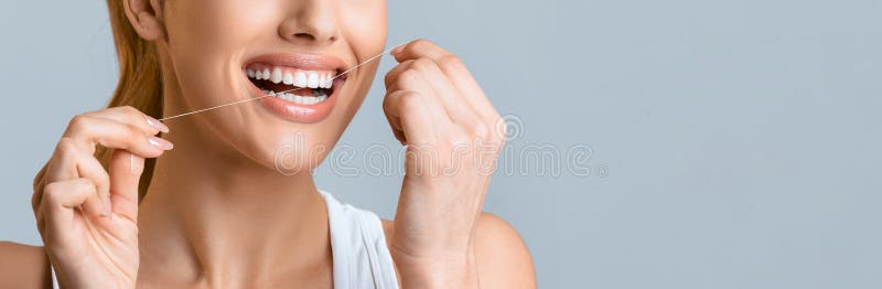 Tooth Care. Young Woman Using Dental Floss Stock Photo - Image of ...
