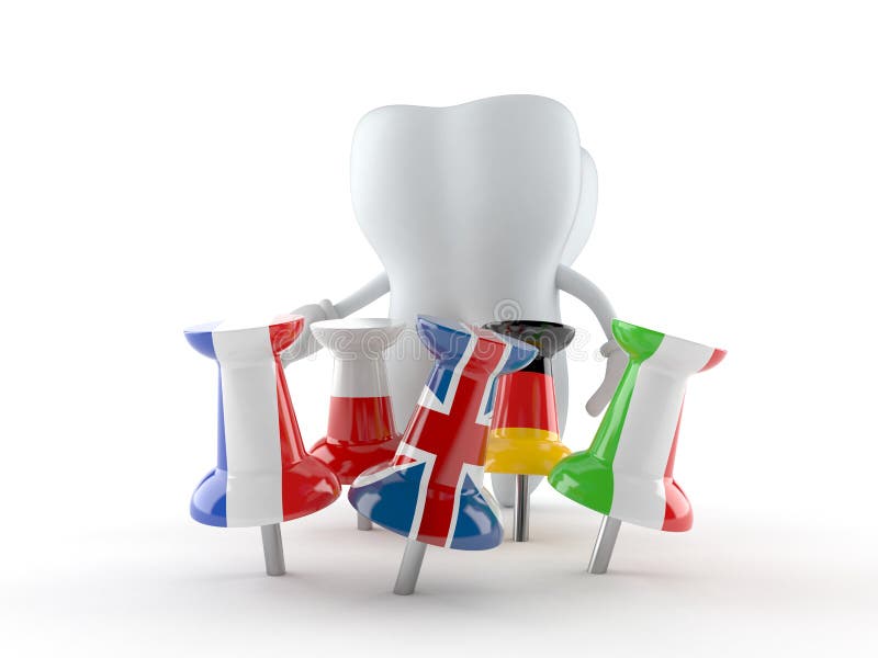 Tooth Character with Thumbtacks in Flags Stock Illustration ...