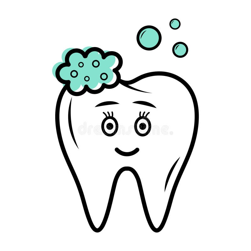 Tooth Cute Character with Toothpaste and Bubbles. Linear Doodle Icon ...