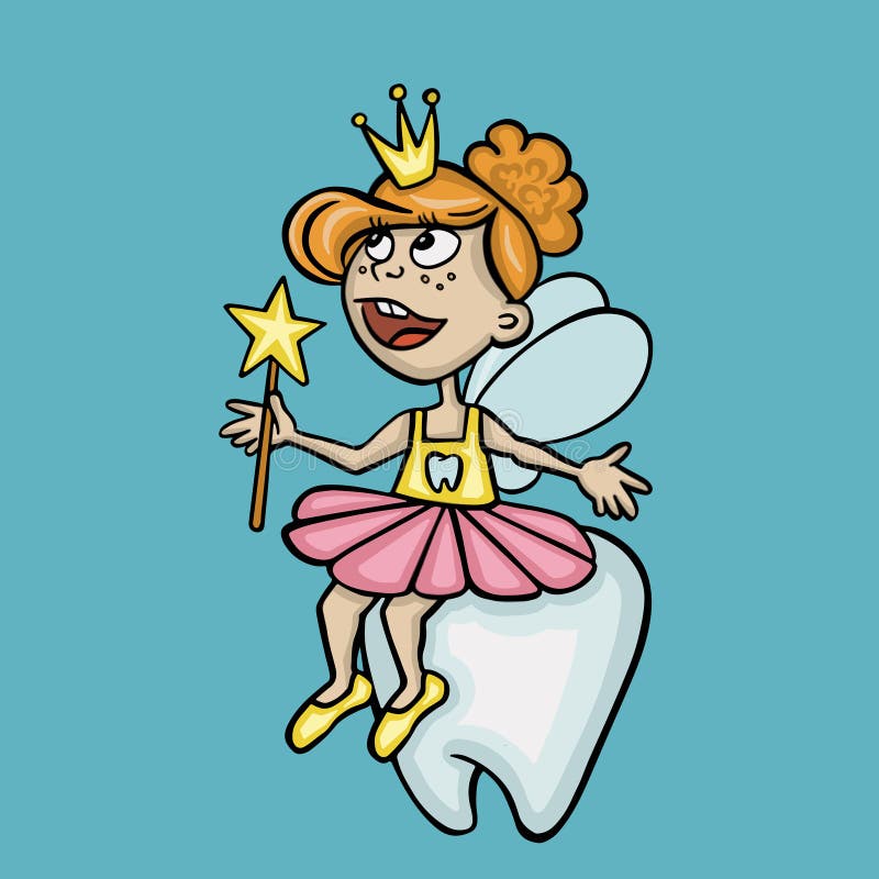 Tooth Fairy Sits on Tooth Excitedly, Vector Illustration Stock Vector ...