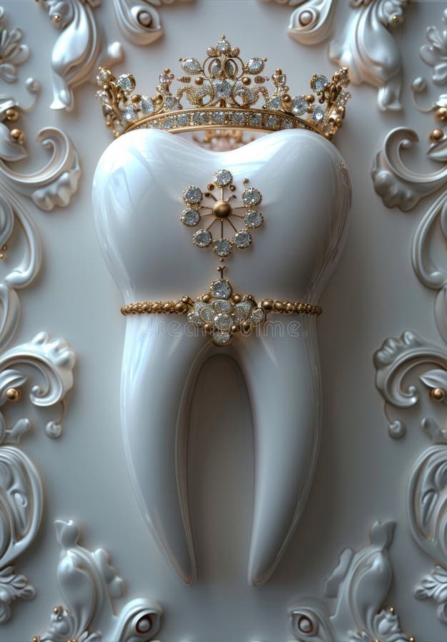 Tooth with Gold Crown on Background of Decorative Patterns Stock Image ...