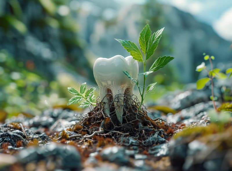 Tooth is Growing on Pile of Dirt. a White Tooth is Growing on the ...