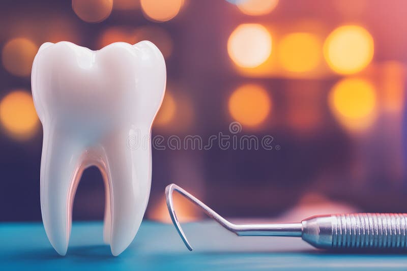 A Tooth Model beside a Dental Tool, with a Blurred Backdrop of Bright ...