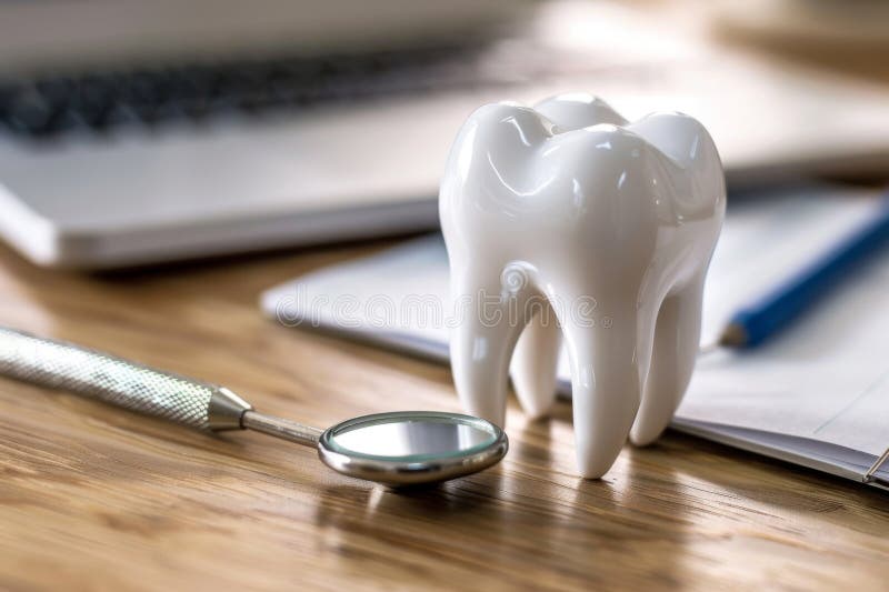 Tooth Model with Dental Tools on Wooden Table Stock Illustration ...