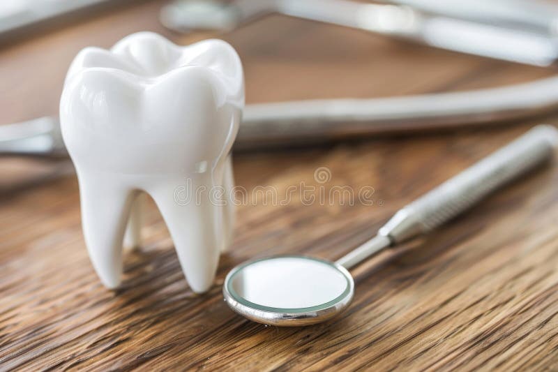 Tooth Model with Dental Tools on Wooden Table Stock Illustration ...