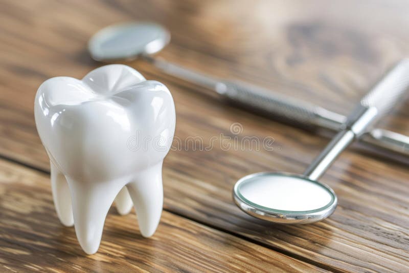 Tooth Model with Dental Tools on Wooden Table Stock Illustration ...