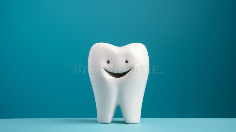 Tooth Model with Smiley Face on Blue Background. Dentistry Concept ...