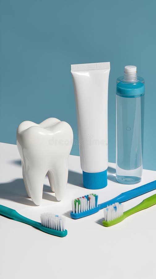 Tooth Model, Toothbrushes, and Toothpaste Set on Clean White Surface ...