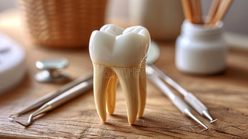 A Tooth Model on a Wooden Table with Dental Tools, AI Stock Image ...