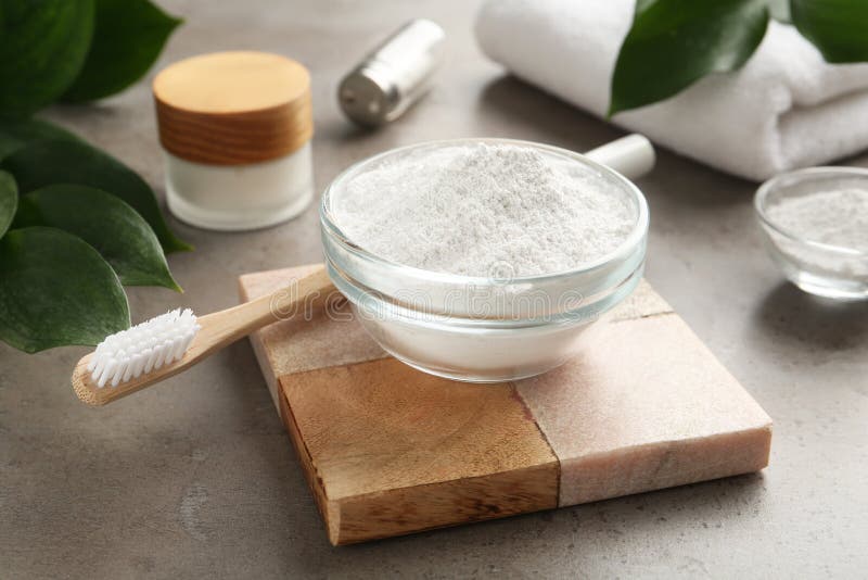 Tooth Powder and Brush on Grey Table Stock Photo - Image of object ...