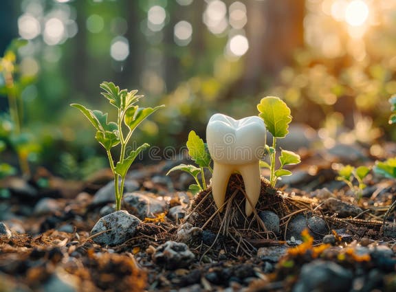 Tooth and Roots in the Forest. a White Tooth is Growing on the Hillside ...