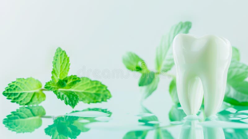 Tooth-shaped Ceramic Model Surrounded by Fresh Mint Leaves on Glossy ...