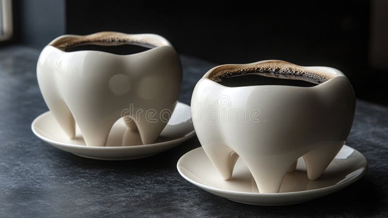 Tooth-shaped Coffee Mugs Filled with Black Coffee on Plates Stock Image ...