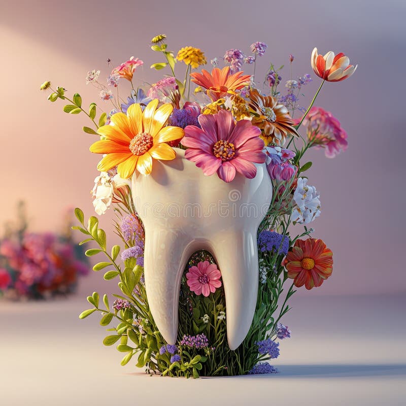 Tooth-shaped Sculpture with Blooming Flowers in a Bright Setting Stock ...