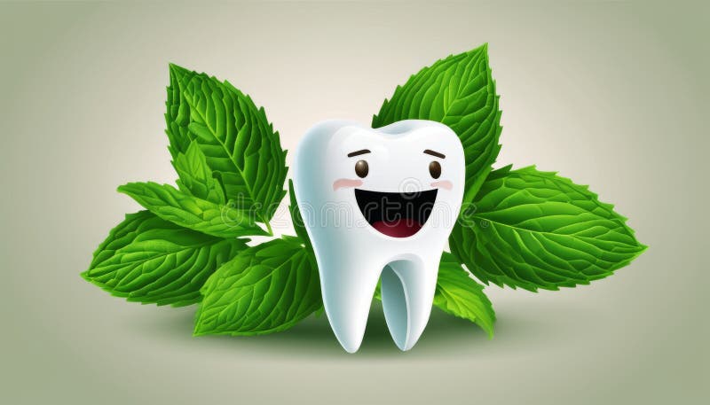 A Tooth with a Smile and a Mint Leaf Stock Illustration - Illustration ...
