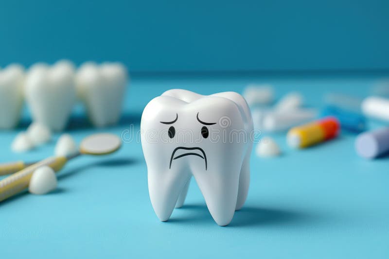 Tooth with Toothache, Tooth Decay and Toothbrush on Blue Background ...