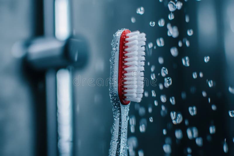 A Toothbrush Stands in a Shower with Droplets of Water Capturing the ...