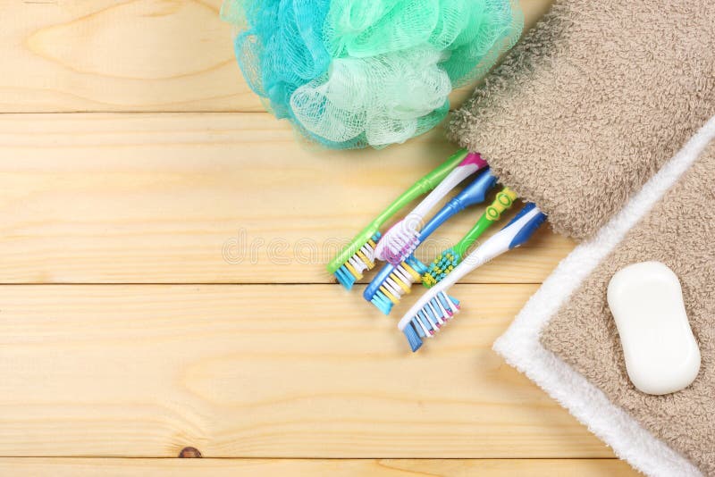 Toothbrush Tooth-brush on Wood Table. Top View Stock Photo - Image of ...