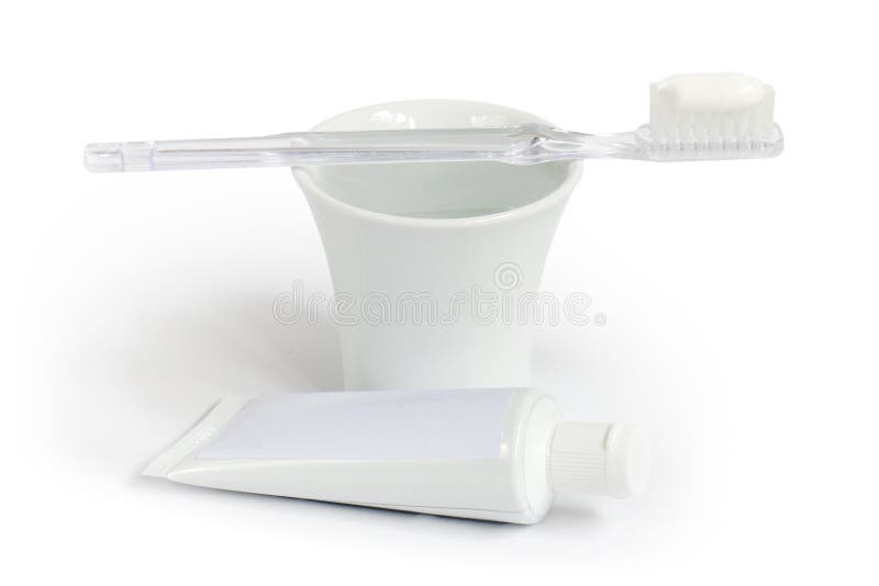 Toothbrush, Toothpaste and a Cup of Water. Stock Photo - Image of heal ...