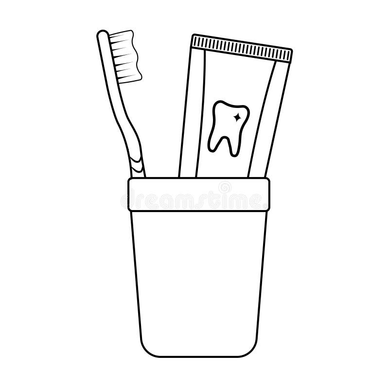 Toothbrush and Toothpaste in a Glass, Black Outline on a White ...