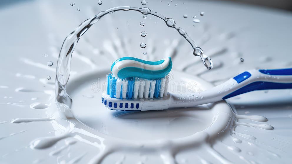 Toothbrush with Toothpaste Positioned Against Splash of Water on ...