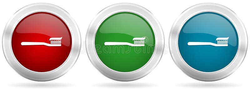 Toothbrush Vector Icon Set. Red, Blue and Green Silver Metallic Web ...