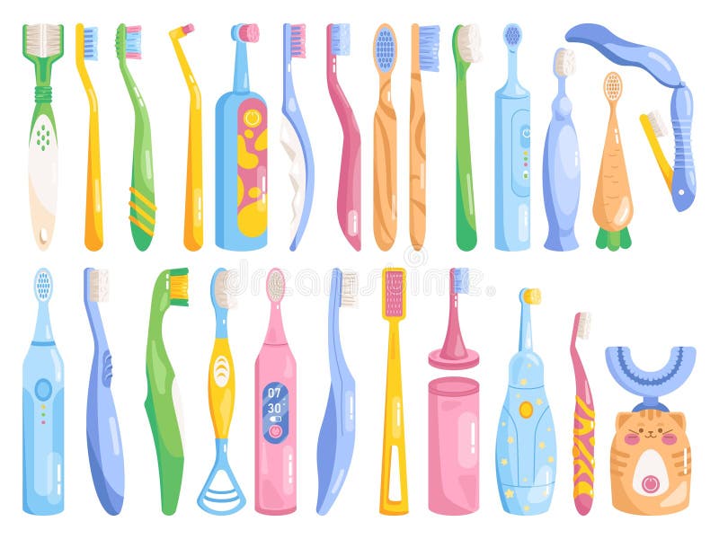 Toothbrushes Cleaning Tools. Different Toothbrush Isolated Flat Colorful Icons, Bamboo or ...