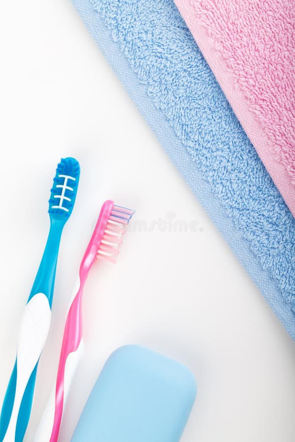Toothbrushes, Soap and Two Towels Stock Photo - Image of hygiene, soft ...
