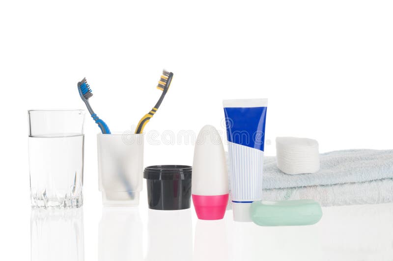 Toothbrushes with Water Glass, Paste,soap and Towel Isolated on White ...