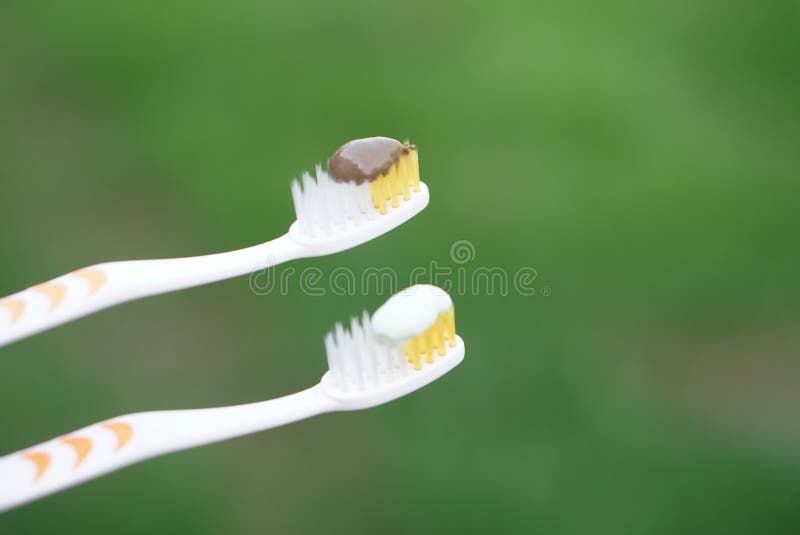 Toothbrushes with White and Chocolate Color Toothpaste. Stock Image ...