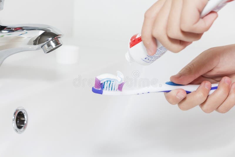 Toothpaste on a Toothbrush, Close-up. Teeth Care. Stock Image - Image ...