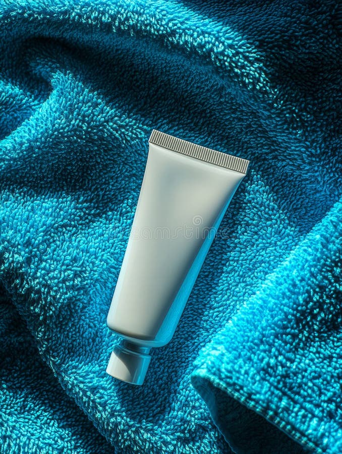 Toothpaste Tube on a Blue Towel with Warm Lighting. Stock Image - Image ...