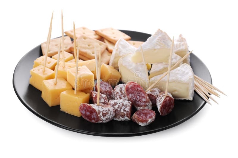 Toothpick Appetizers. Tasty Cheese, Sausage, and Crackers on White ...