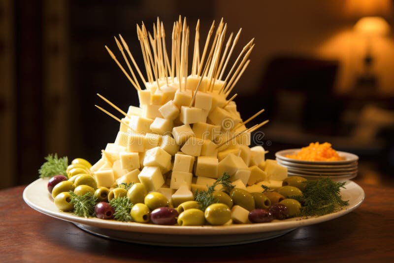 Toothpick Pile Near a Plate Full of Olive and Cheese Appetizers Stock ...