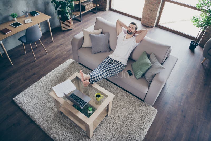 Top Above High Angle View of His he Nice Attractive Brunet Guy Sitting ...